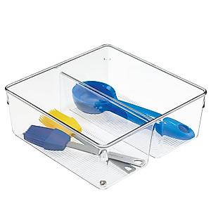InterDesign Linus Twin Kitchen Drawer Organizer for Silverware, Spatulas, Gadgets - 8" x 8" x 3", Clear