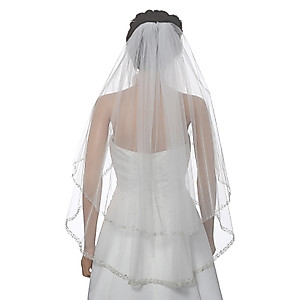 SAMKY 2T 2 Tier Dual Edge Embroided Pearl Crystal Beaded Veil - Light Ivory Fingertip Length 36" V453