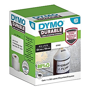 DYMO LW Durable Industrial Labels for LabelWriter 4XL Label Printers, White Poly, 4-1/16” x 6-1/4”, Roll of 200 (1933086)