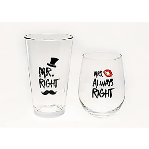 Funny Mr. Right and Mrs. Always Right Novelty Wine Glass and Beer Glass | Includes Fun, Stylish Gift Box | For Weddings, Engagement, Newlywed, Bachelorette, Anniversary, Couples Gifts