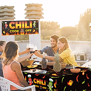 Tkifoda Chili Cook Off Decorations, 71" x 24" Chili Cook Off Banner, 3 Pcs Chili Pepper Plastic Tablecloth Table Cover 53" x 108", Mexican Fiesta Chili Cooking Party Supplies