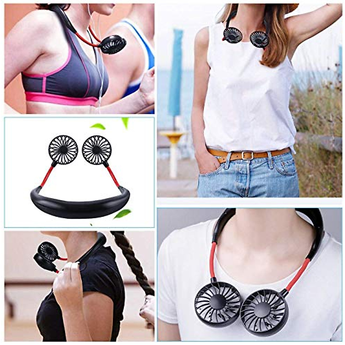 Portable Neck Fan - USB Rechargeable Fan with 3 Speeds Adjustable, Neck Fans Portable Rechargable Prime with LED Lights - Black