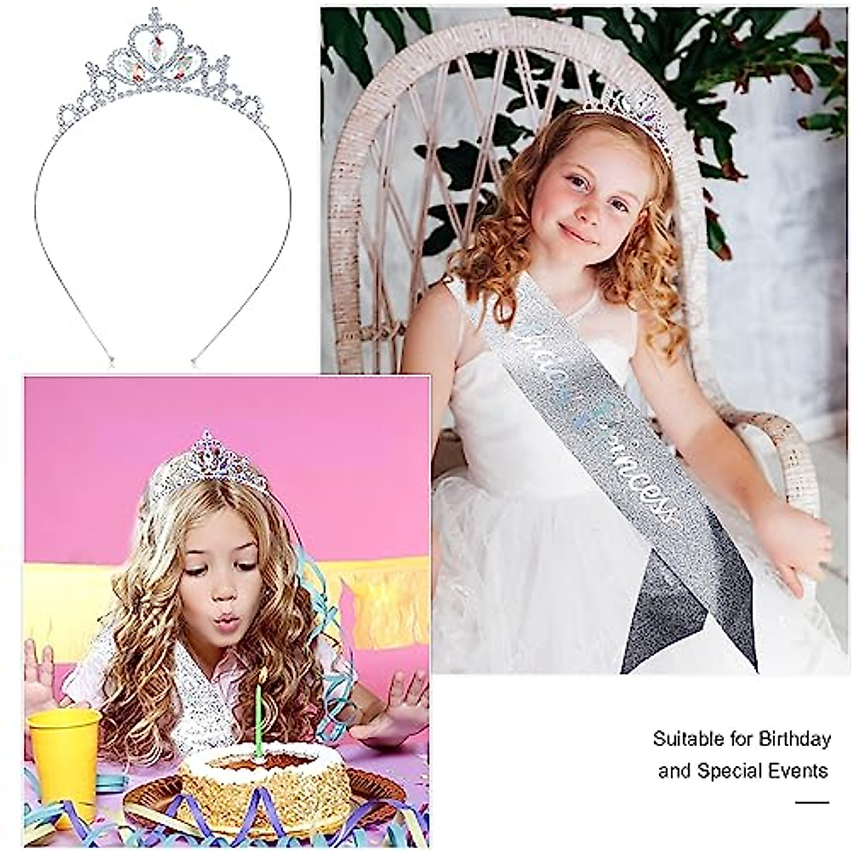 KICOSY Silver Birthday Crowns for Women Birthday Princess Sash & Crystal Tiara Set Princess Tiara for Girls Princess Crown Birthday Tiara Girls Crystal Headband Glitter Sash Kit for Birthday Party