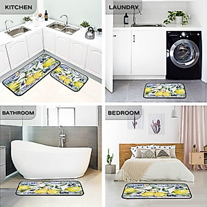 Washable Kitchen Rugs Set 2 Piece Watercolor Lemon Olive Branches Anti Fatigue Floor Mats Bathroom Carpet, 27"x19" and 47"x19"