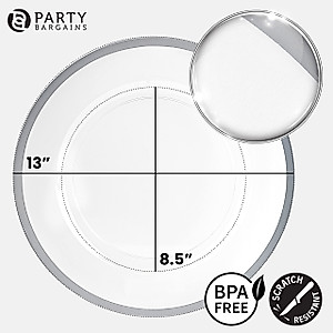 PARTY BARGAINS 13-Inch Charger Plates - 8 Pack, Clear Silver Rim, Heavy-Duty Disposable Chargers for Elegant Dining - Ideal for Weddings and Formal Events