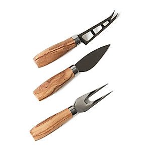 Berard 3-Piece Stainless Steel Cheese Knife Set with Olive Wood Handles (Hard Knife, Soft/Medium Knife and Cheese Fork)