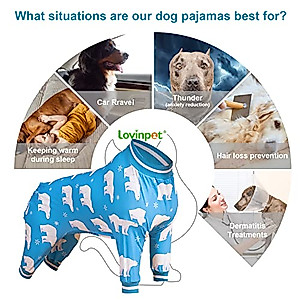 LovinPet Big Dog Winter Pajamas, Dog PJ's with Polar Bear and Snowflake Print, Dog Onesie with Zipper Design for Medium & Large Dogs, Post Surgery Comfy Breatheable PJ's,Blue White L