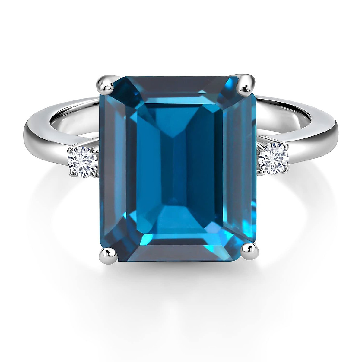 Gem Stone King 7.58 Cttw 12X10MM London Blue Topaz and 2MM White Lab Grown Diamond 3 Stone Engagement Ring For Women In 925 Sterling Silver | Gemstone Birthstone | Size 5,6,7,8,9