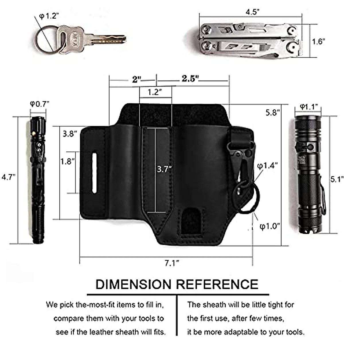 Frieyss Multitool Sheath for Belt, Leather EDC Pocket Organizer for Men, Leatherman Sheath with Pen Holder, Key Fob, Flashlight Sheath, EDC Leather Pouch
