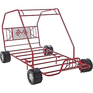 AOCHUANG Metal Twin Car Bed Gunmetal Go Kart Bed, Twin Size Bed Frame with A Racing Flag Decor Headboard/Metal Tube Slat Support/No Box Spring Needed (Red Go Kart)