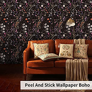 Floral Peel and Stick Wallpaper Boho: 118" X 17.7" Removable Wallpaper Easy Peel Off wallpaper for Bedroom Black Wallpaper Dark Wild Flowers Self Adhesive Contact Paper Renter Friendly Wall Paper