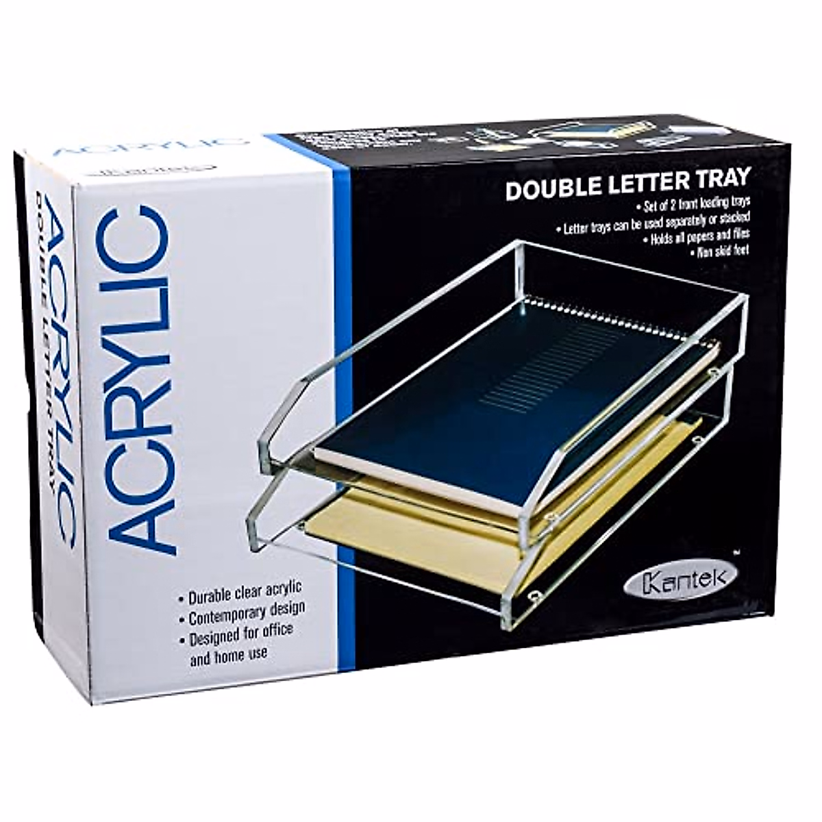 Kantek Clear Acrylic Double Letter Tray, 2 Tier Stackable Desk Organizer, Front loading, 10.6" x 13.9" x 4.8", Non-Skid Feet, Office Organizer, Desk Accessory