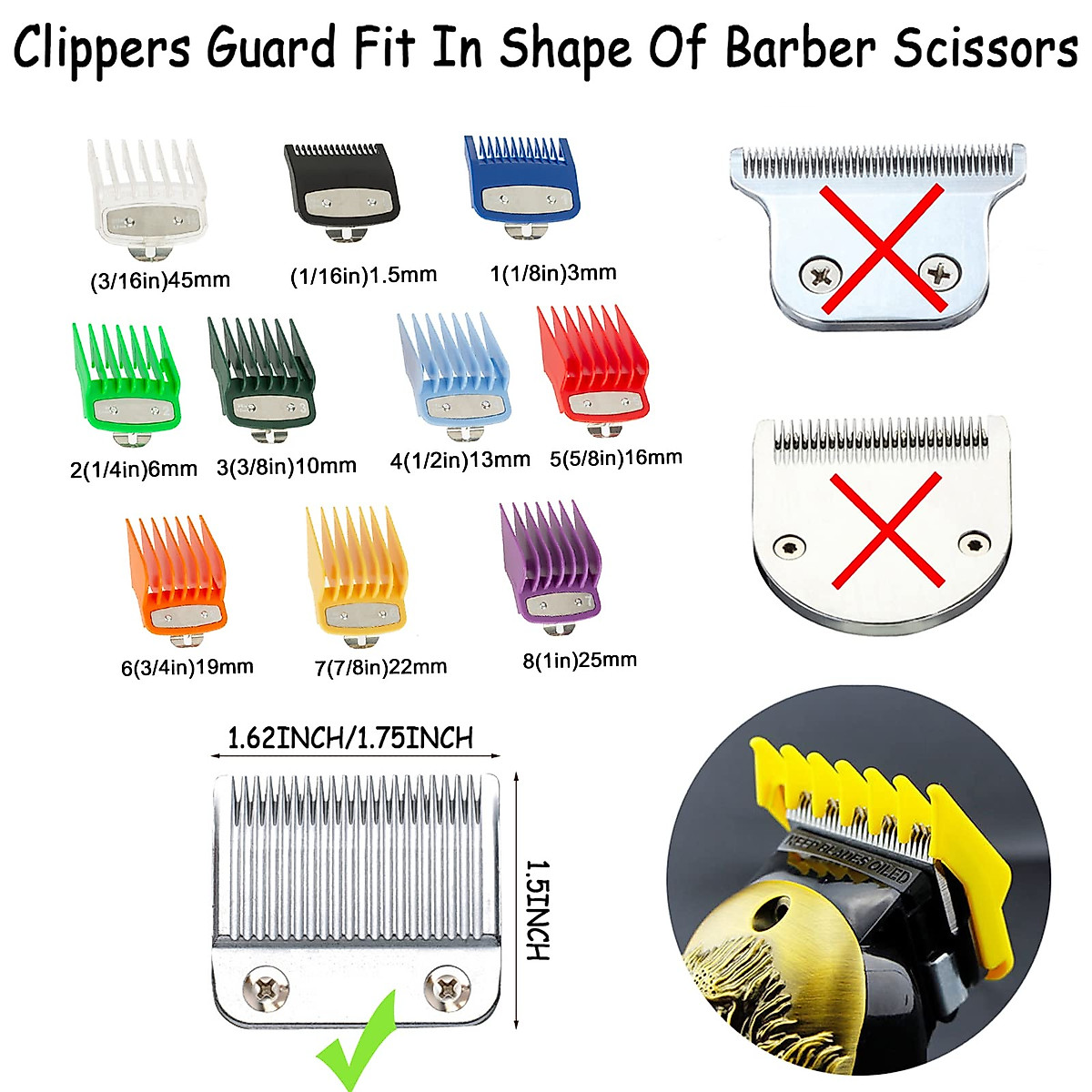 10PCS Hair Clipper Cutting Guides Combs with Metal Clip Colored Clipper Guards for Wahl Clipper Trimmer Guards Attachment from 1/16 Inch to 1 Inch, Compatible with Most Wahl Clippers
