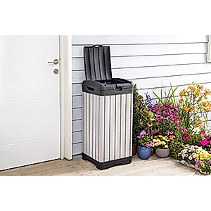 Keter Rockford Resin 38 Gallon Trash Can with Lid and Drip Tray for Easy Cleaning-Perfect for Patios, Kitchens, and Outdoor Entertaining, Grey