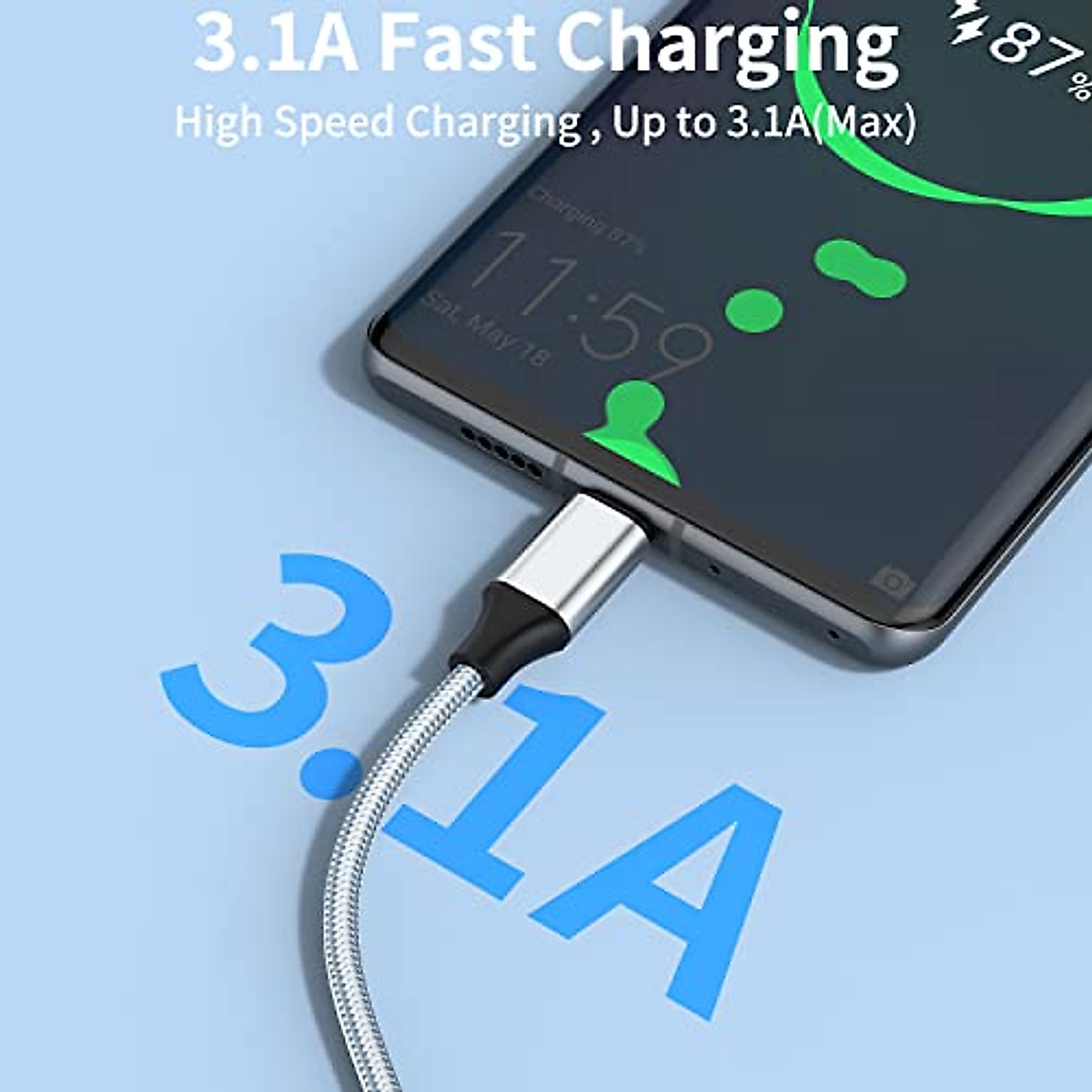 USB Type C Cable,[5-Pack, 3Ft ] USB Type A to C Fast Charger Cords for Samsung Galaxy S20 S10 S9 S8 Plus, Braided Fast Charging Cable for Note 10 9 8, LG V50 V40 G8 G7,(Silver)