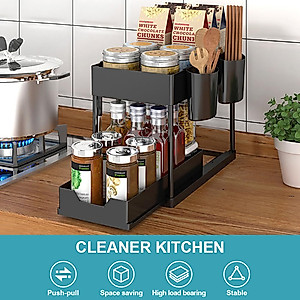 Jianyana Under Sink Storage and Organizer, Black Under Bathroom Cabinet Organizer with Hooks Hanging Cup Slide Drawers,2-tier Multi-purpose Large Capacity Kitchen Storage Shelf