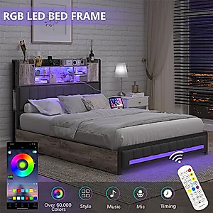 Full Size Bed Frame with Bookcase Headboard & Storage Drawers, Bed Frame Full Size with LED Lights & Charging Station, Heavy Duty Metal Bed Frame for Kids Adults, No Box Spring Needed, Charcoal Gray