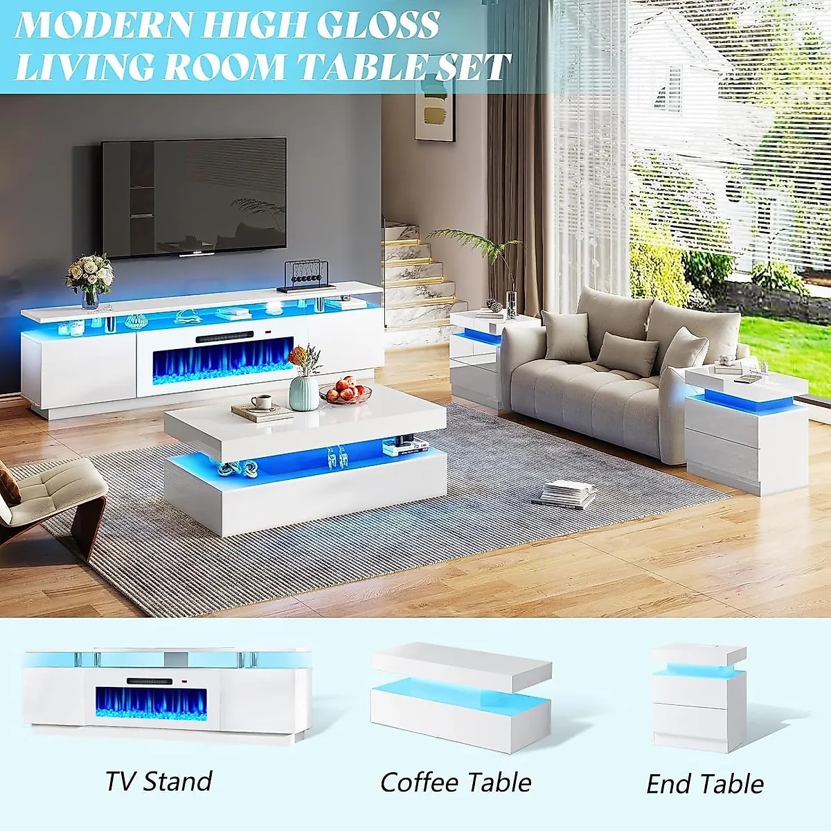 AMERLIFE Fireplace TV Stand with 40" Fireplace, 80" Modern High Gloss Fireplace Entertainment Center LED Lights, 2 Tier TV Console Cabinet for TVs Up to 90", White & White