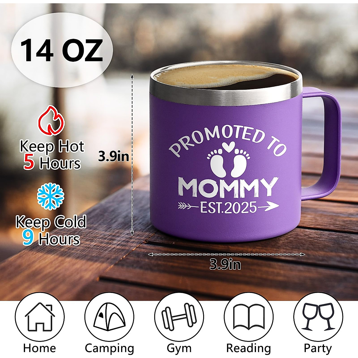 GINGPROUS New Mom Gifts, 14oz Promoted To Mommy Est 2025 Insulated Stainless Steel Coffee Mug, Mothers Day Gifts for New Mama To Be, First Time Mom, Mother, Mommy Pregnancy, Baby Shower, Purple