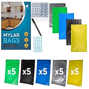 Luhun 25pcs Multi-Color 5 Gallon Mylar Bags With 2500cc Oxygen Absorbers For Food Storage, Labels, Markers | Water Proof and Smell Proof Bags - Reusable Food Storage Bags - Stand Up Bags | Food Storage For Long Term | 4 in 1