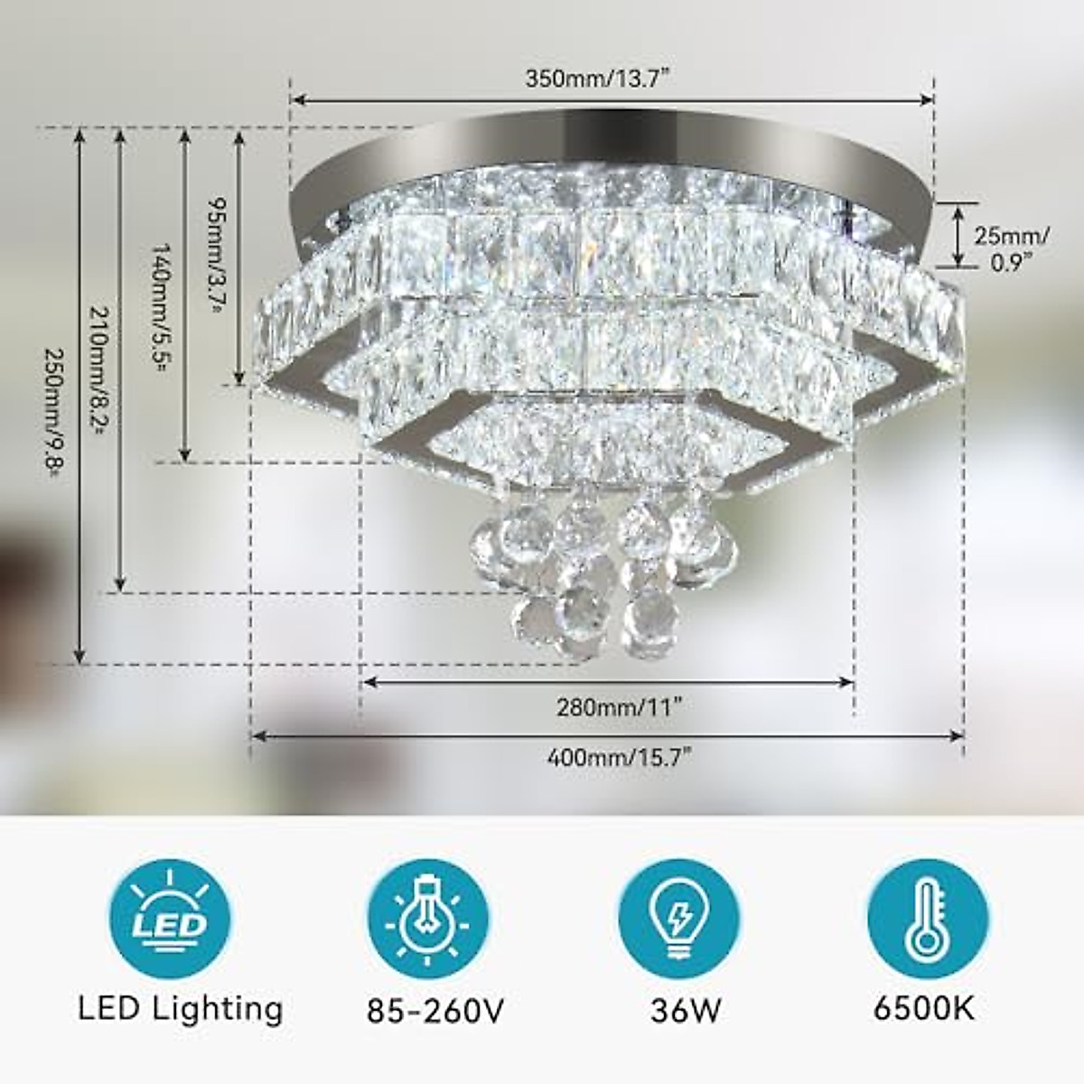 Finktonglan Modern Crystal LED Ceiling Light 2 Layers Flush Mount Fixture Chandeliers Stainless Steel Lamp for Living Room Dining Room Bedroom Hallway
