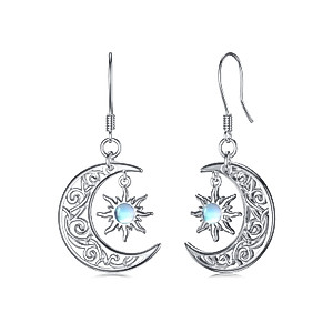 SEIYANG Sun and Moon Earrings with Moonstone, 925 Sterling Silver Filigree Crescent Moon Dangle Drop Earrings for Women Drop Earrings Hypoallergenic Earrings Filigree Jewelry Gifts for Women