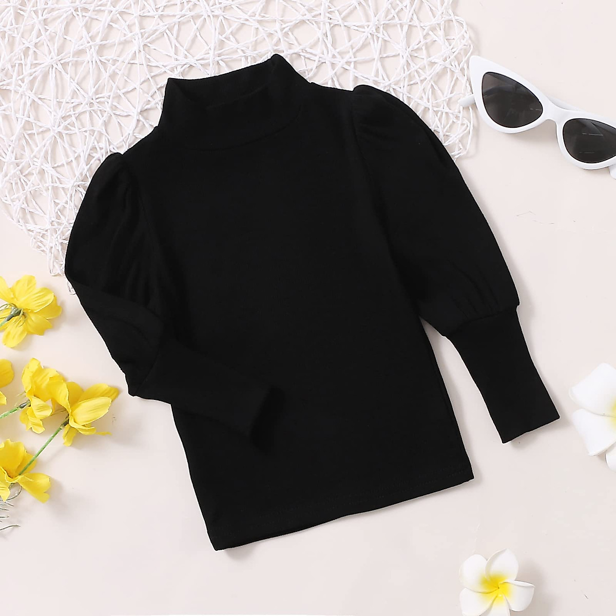 Kid Toddler Baby Girl Basic Solid Turtleneck T-Shirt Blouse Top Puff Long Sleeve Pullover Fall Winter Clothes (Black, 7-8 Years)