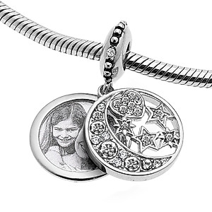 Qina C Sterling Silver Personalized Text & Photo Engraved Message Moon Star Crystal Dangle Bead F/European Charm Bracelet Gift f/Family Friend Wife Daughter