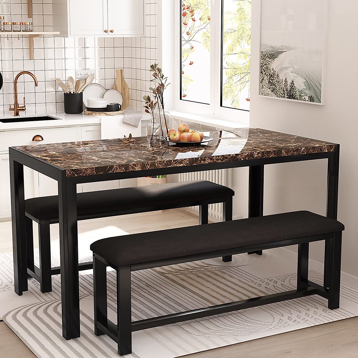 Recaceik Dining Table Set for 4, Kitchen Table and Chairs for 4, Faux Marble Dining Room Table with 2 Benches, Space Saving Dining Table and Upholstered PU Leather Bench for Small Spaces, Brown