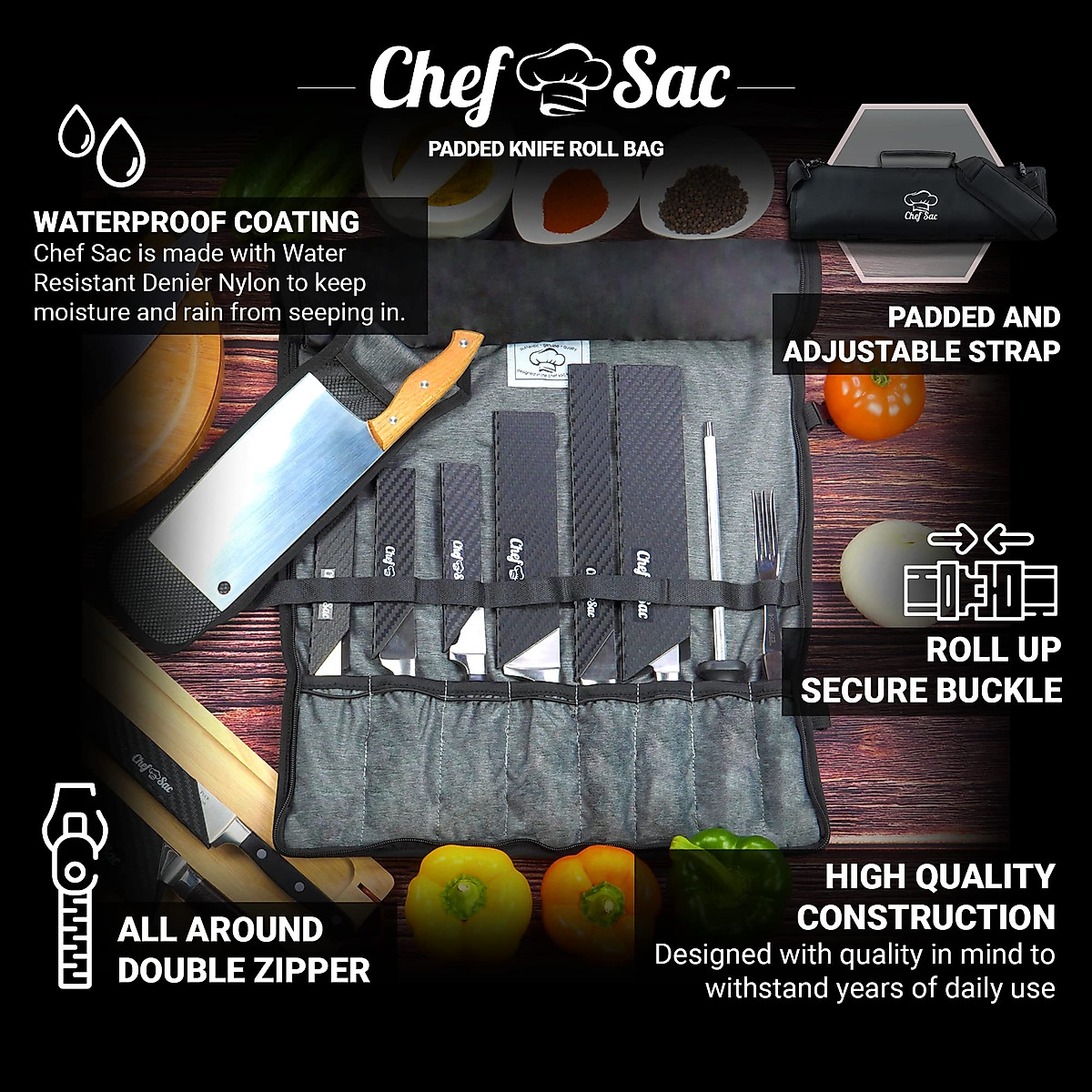 Chef Sac Chef Knife Roll Bag with 10-Pack Knife Guards Included