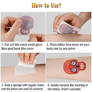 Day of the Dead Face Tattoos - 10 Sheet Halloween Temporary Tattoos Face Sticker Kit Día de Los Muertos Glitter Red Roses Skeleton Sugar Skull Fake Tattoo for Halloween Makeup on Face Body Men Women