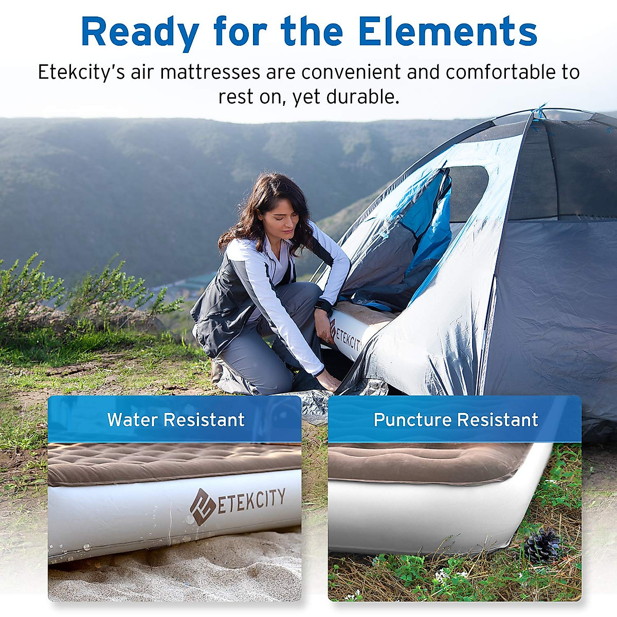 Etekcity Camping Air Mattress, Inflatable Mattress Air Bed Queen Twin with Rechargeable Pump, Leak-Proof Blow Up Mattress Raised Airbed , Height 9", Storage Bag , Brown