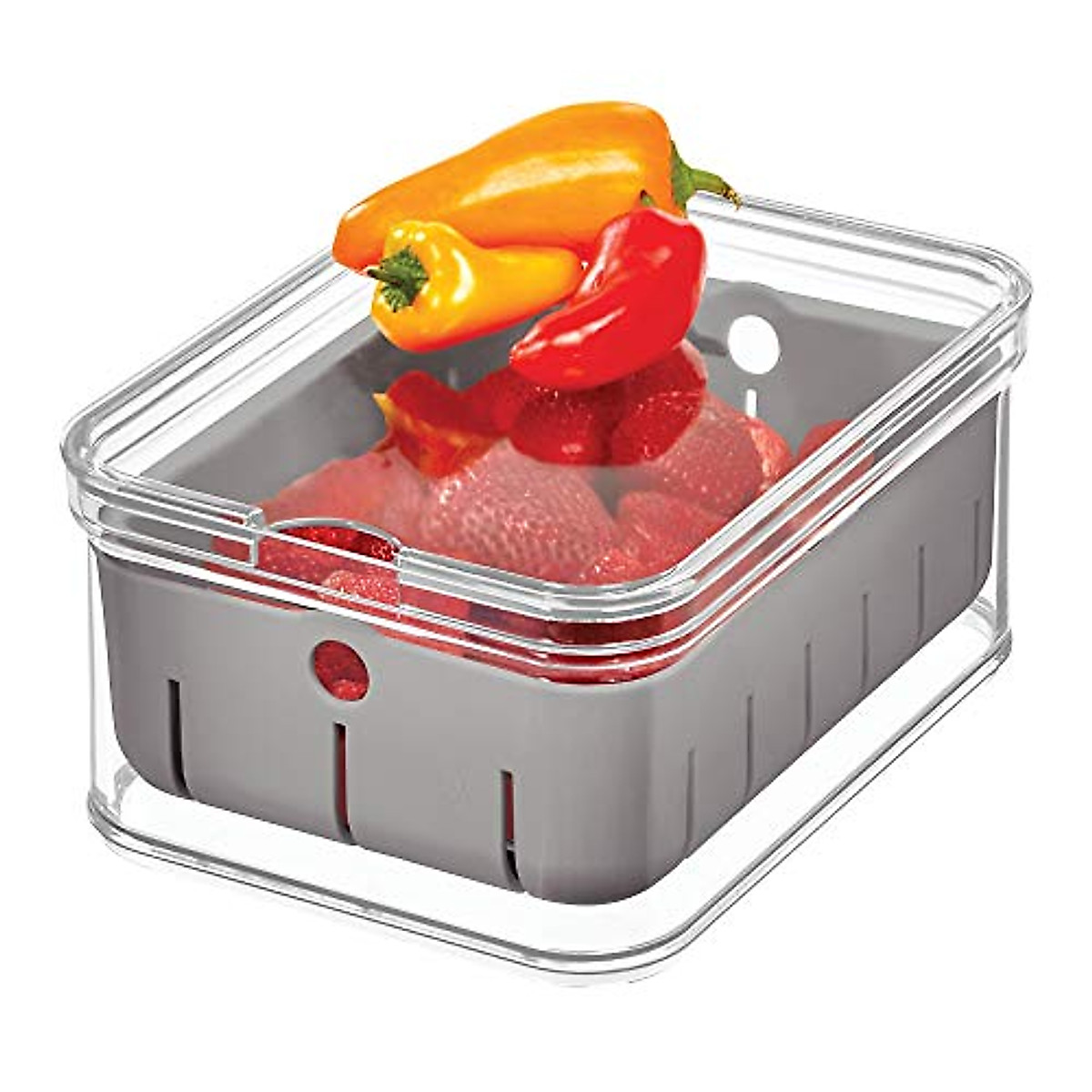 iDesign Recycled Plastic Crisp Produce Storage Containers with Lid and Colander Basket Designed to Keep Food Fresh Longer, 8.32” x 6.32” x 3.76”, Clear/Gray