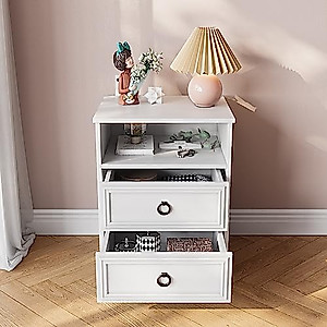 HolliWill Nightstand Set of 2, Night Stand with Drawers, Accent Bed Side Table and End Table with Open Storage for Bedroom, Living Room, White