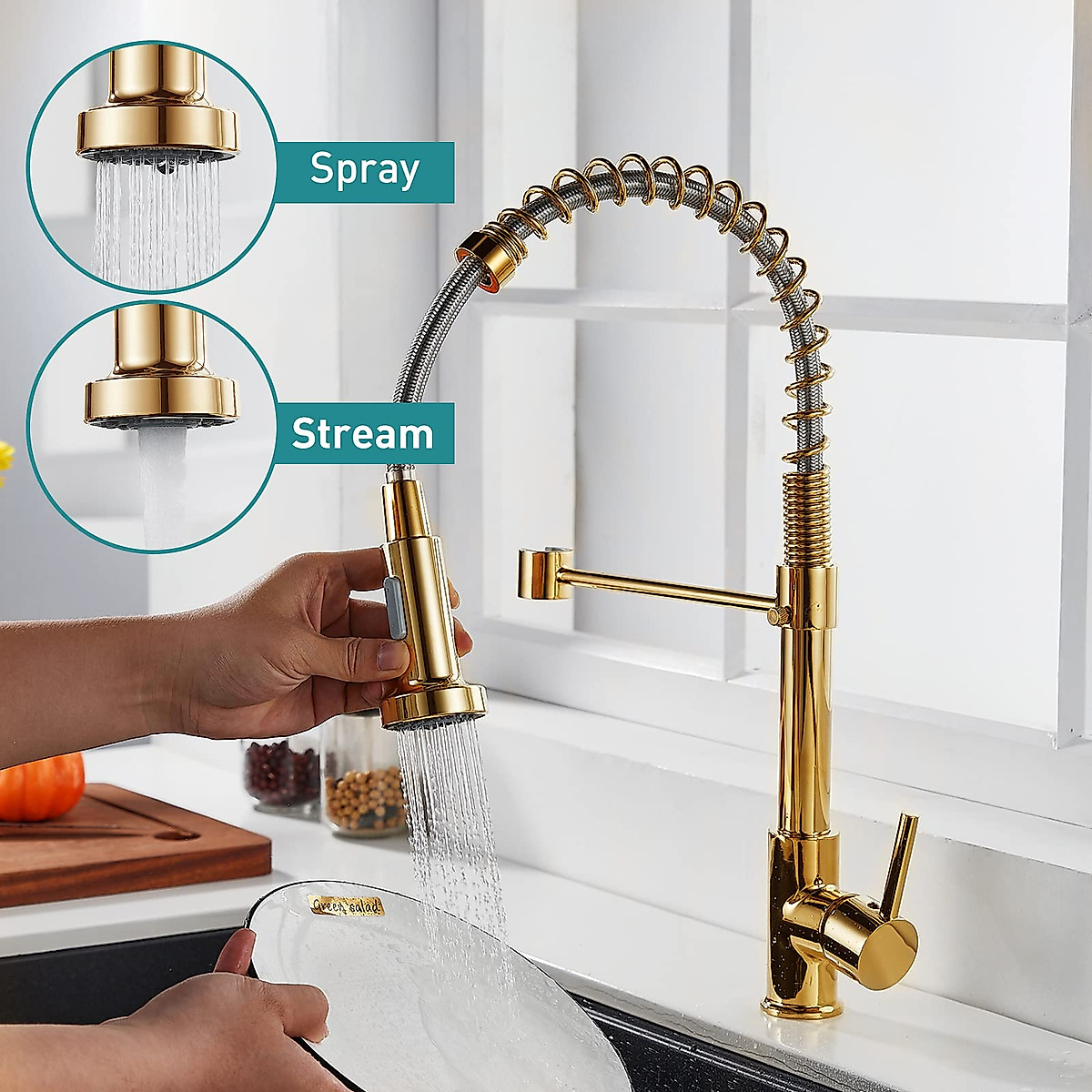 FVITA Polished Gold Kitchen Faucet with Pull Down Sprayer,Lead-Free Solid Brass 16.1'' Kitchen Sink Faucet Single Handle Spring Swan Neck Faucet High Arc Single Hole Faucet for Kitchen Sink