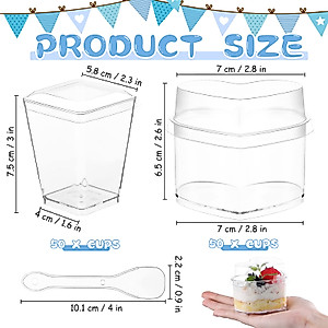 Zopeal 100 Pcs 5 oz Plastic Dessert Cups With Lids And Spoons,50 Square Parfait Cups 50 Heart Shaped Plastic Dessert Cups Appetizer Cups For Desserts, appetizers, ice Cream