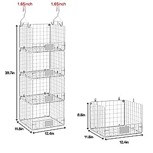 4 Tier Hanging Closet Shelves-Clothes Haning Organizer with Name Plate S Hooks, Wall Mount&Cabinet Wire Storage Basket Bins, for Clothing Sweaters Shoes Handbags Clutches Accessories-White
