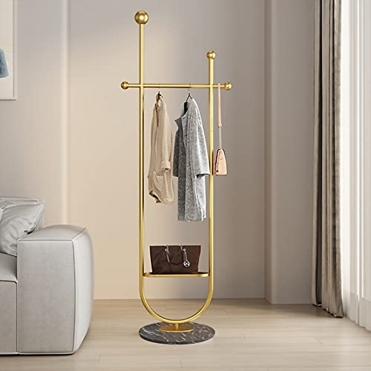 FJANKUI Metal Coat Rack Standing, Modern Floor Freestanding Coat Hanger Rack with Marble Base and Shelves, for Bedroom, Living room, Hallway, Entryway, Office and Shop (Gold)