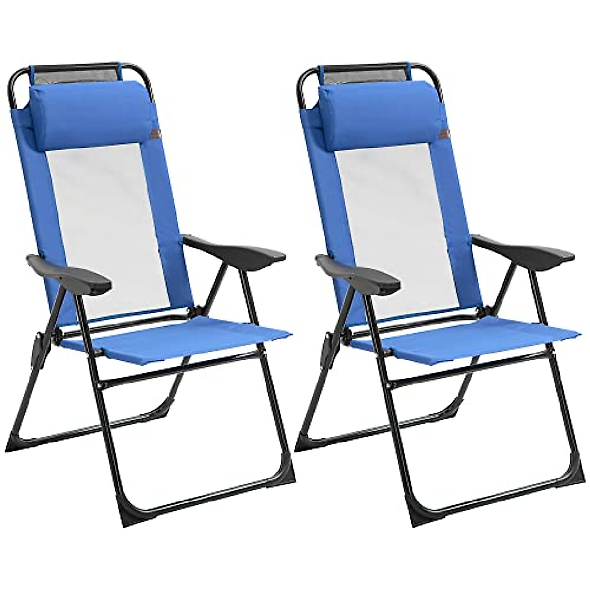 Outsunny Set of 2 Folding Patio Chairs, Camping Chairs with Adjustable Sling Back, Removable Headrest, Armrest for Garden, Backyard, Lawn, Blue