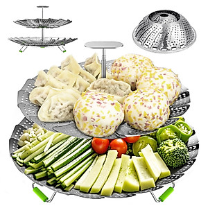 VOGARB Vegetable Steamer Basket,2 Layer Kitchen Baskets Capacity for Food Cooking,Stainless Steel Collapsible and Expandable,Large&Small Separably to Fit Various Size Pot