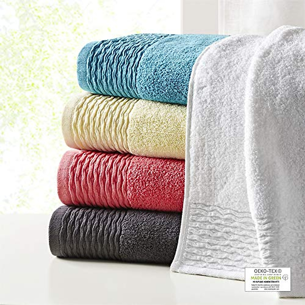 Madison Park Breeze 6 Piece Jacquard Wavy Border Zero Twist Cotton Towel Set, Charcoal