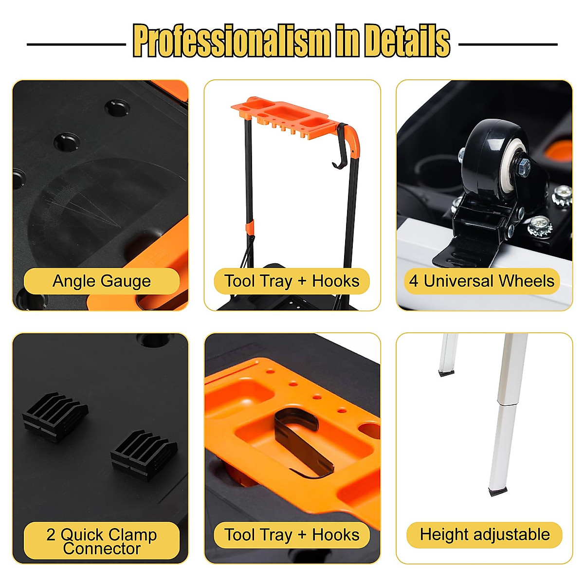 LEADALLWAY 7-in-1 Folding Portable Workbench Painted Work Table as Workbench, Scaffold,Platform,Sawhorse,Car Creeper and Hand Truck with 4 Wheels, Black