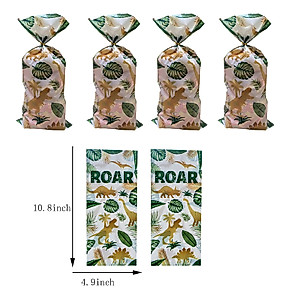 RS 50 Pieces Dinosaur Cellophane Bags Party Candy Dino Theme Birthday Goodie Treat with 50PCS Twist Ties for Supplies for Baby Shower