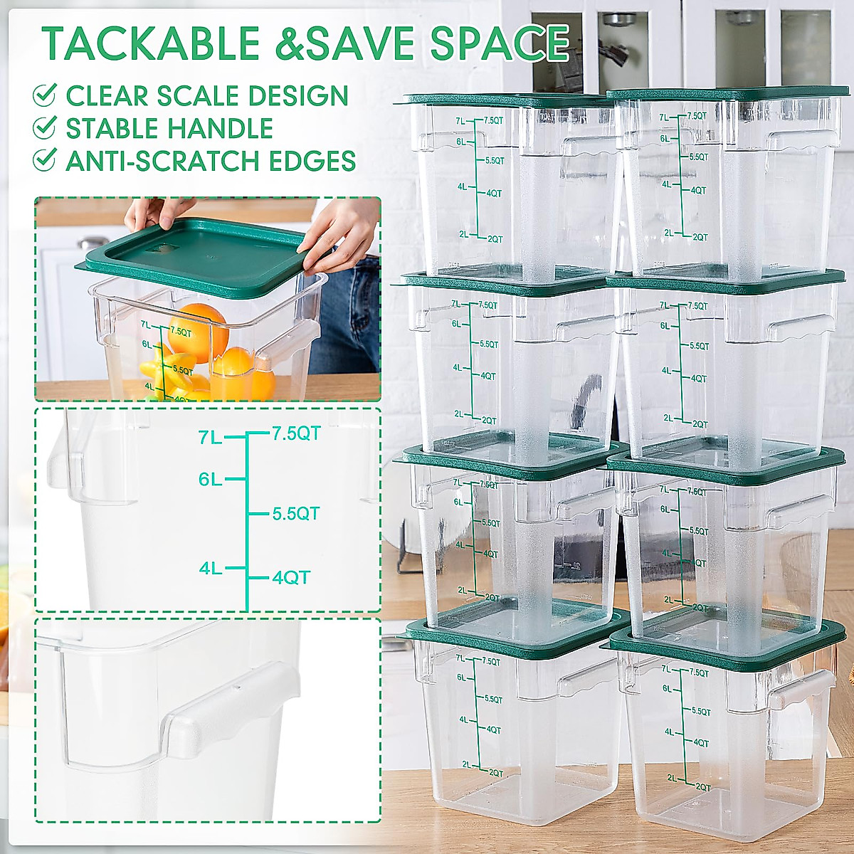 Lallisa 8 Pack 8 Qt Clear Food Storage Container with Handles and Lid Commercial Grade Square Food Storage Containers with Lids Polycarbonate Storage Container for Home Kitchen Restaurant