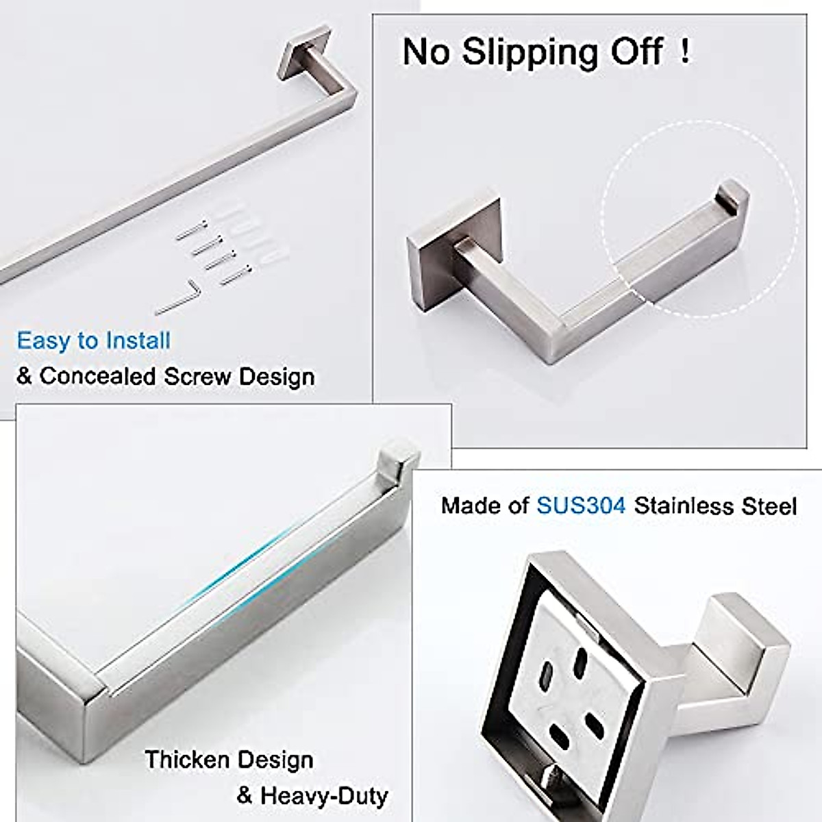 4-Piece Bathroom Hardware Set, Stainless Steel Wall Mounted Square Bathroom Accessories Kit, Include 16 Inch Hand Towel Bar, Toilet Paper Holder, Hand Towel Rack, Towel Hook(Brushed Nickel)