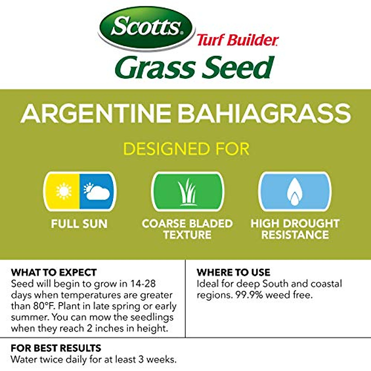 Scotts Turf Builder Grass Seed Argentine Bahiagrass, Excellent Heat & Drought Resistance, 5 lbs.