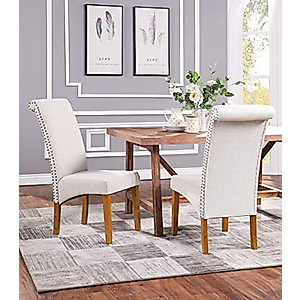 Merax Dining Chair Set of 2 Fabric Padded Side Chair with Solid Wood Legs, Nailed Trim (Light Beige)