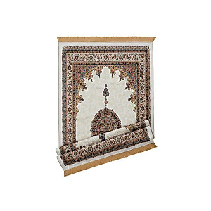 Muslim Prayer Rug | 25'' x 45'' Turkish Velvet Islamic Praying Mat for Men, Women, Kids | Patterned Janamaz Carpet Ramadan Sajadah Islam Namaz Rugs (Ecru III)