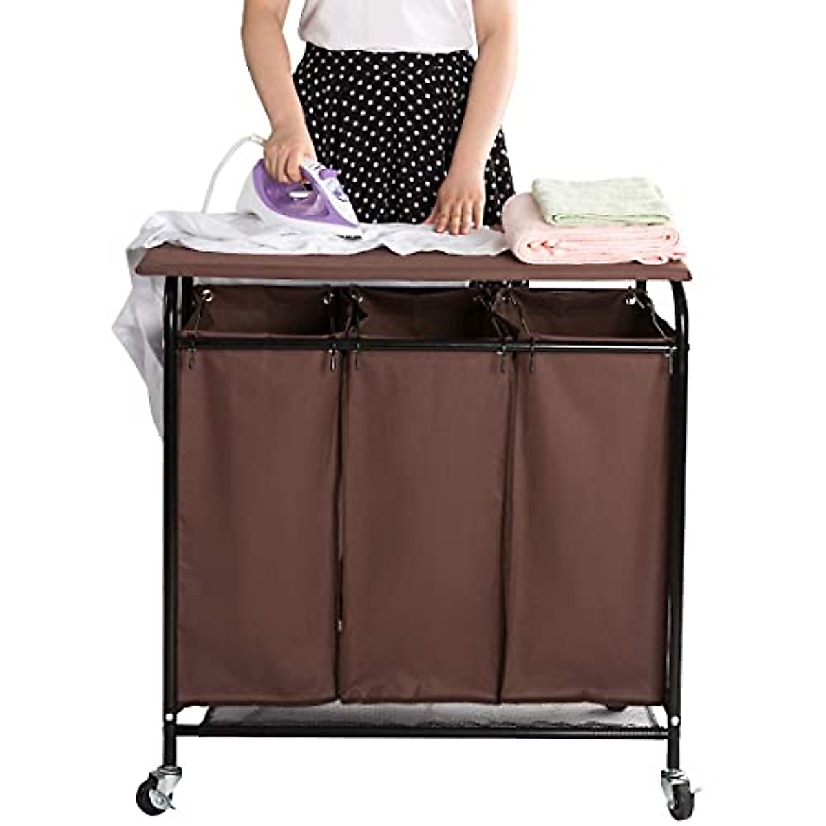 HollyHOME Laundry Cart 3-Bag Heavy-Duty Rolling with Ironing Board Laundry Room Organizer with Wheels Brown