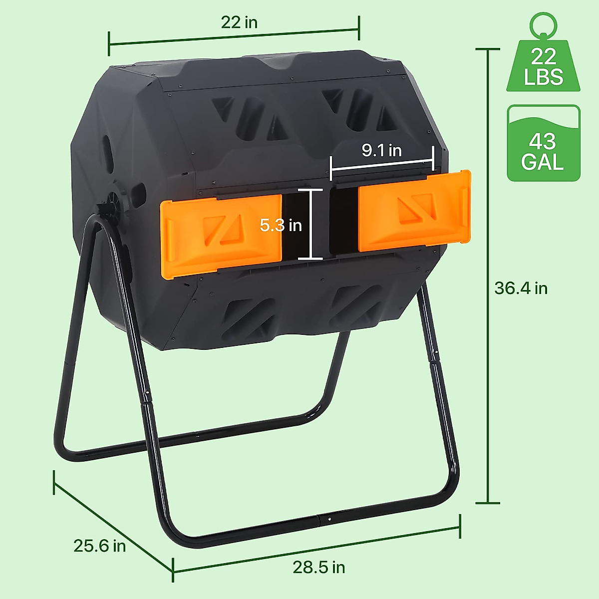 43 Gallon Outdoor Compost Bin Large Tumbling Composter Garden Dual Composting Bins with Dual Chamber Sliding Doors & Aeration System for Garden Patio, All Season Composter, Black Door